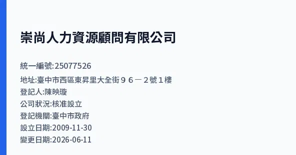 崇尚人力資源顧問有限公司的照片-統編 25077526(臺中市) 公司登記資料與營業項目詳細圖表