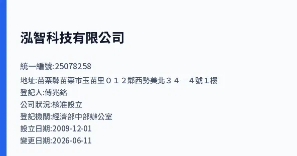 泓智科技有限公司的照片-統編 25078258(苗栗縣) 公司登記資料與營業項目詳細圖表
