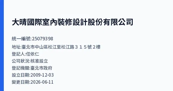大晴國際室內裝修設計股份有限公司的照片-統編 25079398(臺北市) 公司登記資料與營業項目詳細圖表