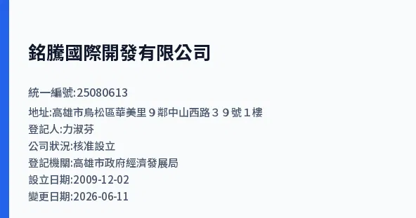 銘騰國際開發有限公司的照片-統編 25080613(高雄市) 公司登記資料與營業項目詳細圖表
