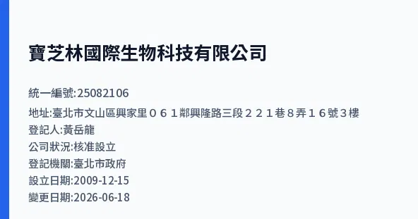 寶芝林國際生物科技有限公司的照片-統編 25082106(臺北市) 公司登記資料與營業項目詳細圖表