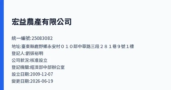 宏益農產有限公司的照片-統編 25083082(臺東縣) 公司登記資料與營業項目詳細圖表