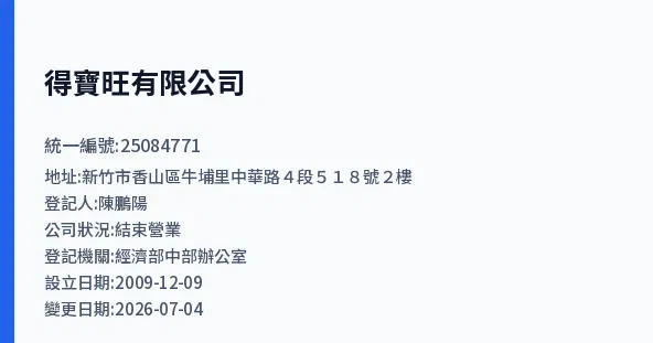 得寶旺有限公司的照片-統編 25084771(新竹市) 公司登記資料與營業項目詳細圖表