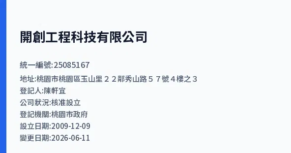 開創工程科技有限公司的照片-統編 25085167(桃園市) 公司登記資料與營業項目詳細圖表