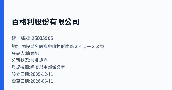 百格利股份有限公司的照片-統編 25085906(南投縣) 公司登記資料與營業項目詳細圖表