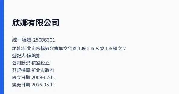 欣娜有限公司的照片-統編 25086601(新北市) 公司登記資料與營業項目詳細圖表