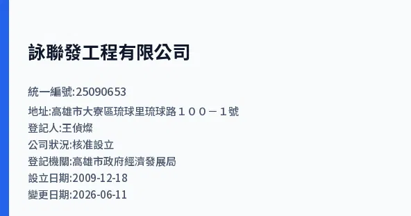 詠聯發工程有限公司的照片-統編 25090653(高雄市) 公司登記資料與營業項目詳細圖表