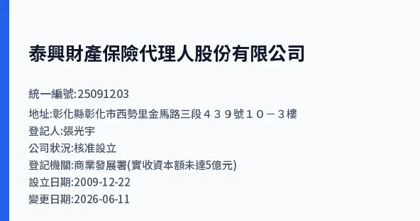 泰興財產保險代理人股份有限公司的照片-統編 25091203(彰化縣) 公司登記資料與營業項目詳細圖表