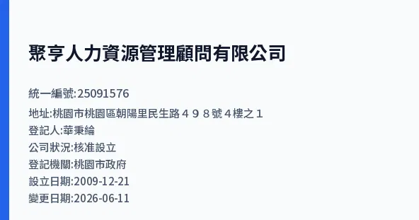聚亨人力資源管理顧問有限公司的照片-統編 25091576(桃園市) 公司登記資料與營業項目詳細圖表