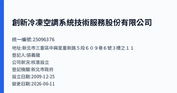 創新冷凍空調系統技術服務股份有限公司的照片-統編 25096376(新北市) 公司登記資料與營業項目詳細圖表