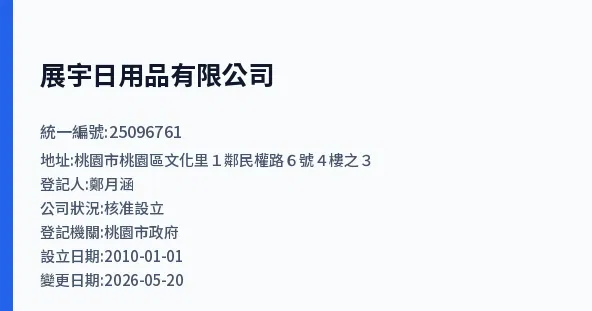 展宇日用品有限公司的照片-統編 25096761(桃園市) 公司登記資料與營業項目詳細圖表