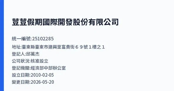 荳荳假期國際開發股份有限公司的照片-統編 25102285(臺東縣) 公司登記資料與營業項目詳細圖表