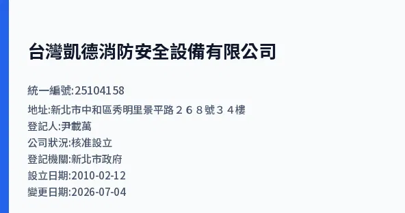 台灣凱德消防安全設備有限公司的照片-統編 25104158(新北市) 公司登記資料與營業項目詳細圖表