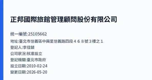 正邦國際旅館管理顧問股份有限公司的照片-統編 25105662(臺北市) 公司登記資料與營業項目詳細圖表