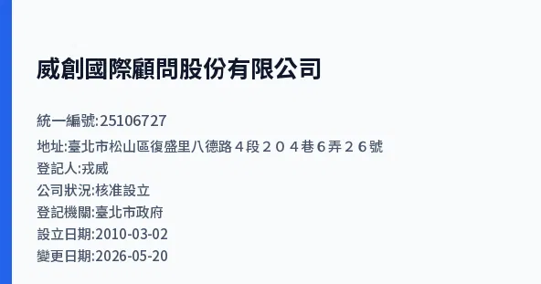 威創國際顧問股份有限公司的照片-統編 25106727(臺北市) 公司登記資料與營業項目詳細圖表