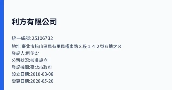利方有限公司的照片-統編 25106732(臺北市) 公司登記資料與營業項目詳細圖表