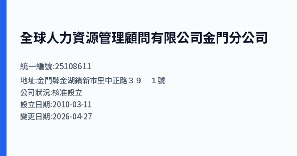 全球人力資源管理顧問有限公司金門分公司的照片-統編 25108611(金門縣) 公司登記資料與營業項目詳細圖表