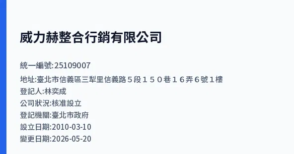 威力赫整合行銷有限公司的照片-統編 25109007(臺北市) 公司登記資料與營業項目詳細圖表