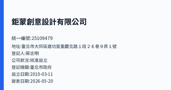 鉅蒙創意設計有限公司的照片-統編 25109479(臺北市) 公司登記資料與營業項目詳細圖表