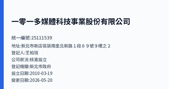 一零一多媒體科技事業股份有限公司的照片-統編 25111539(新北市) 公司登記資料與營業項目詳細圖表
