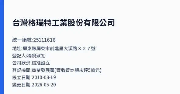 台灣格瑞特工業股份有限公司的照片-統編 25111616(屏東縣) 公司登記資料與營業項目詳細圖表
