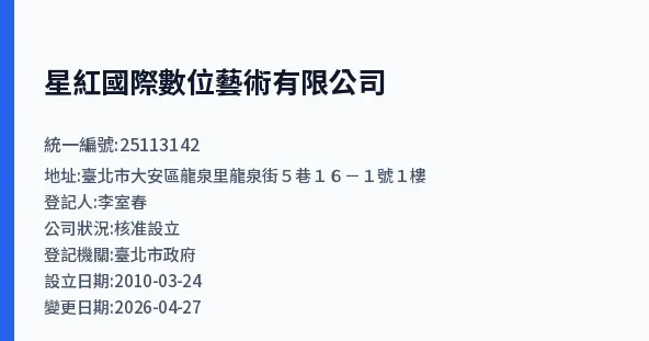 星紅國際數位藝術有限公司的照片-統編 25113142(臺北市) 公司登記資料與營業項目詳細圖表