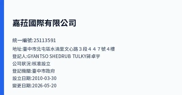 嘉菈國際有限公司的照片-統編 25113591(臺中市) 公司登記資料與營業項目詳細圖表