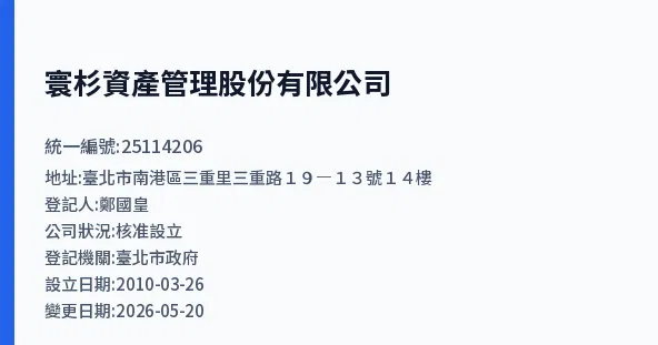 寰杉資產管理股份有限公司的照片-統編 25114206(臺北市) 公司登記資料與營業項目詳細圖表
