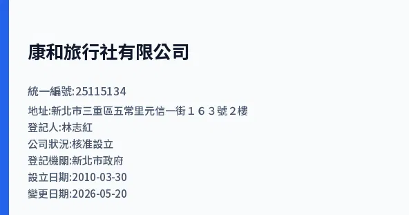 康和旅行社有限公司的照片-統編 25115134(新北市) 公司登記資料與營業項目詳細圖表