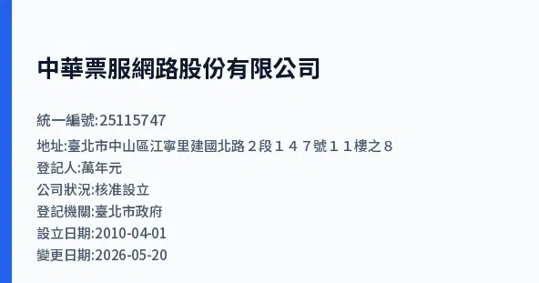 中華票服網路股份有限公司的照片-統編 25115747(臺北市) 公司登記資料與營業項目詳細圖表