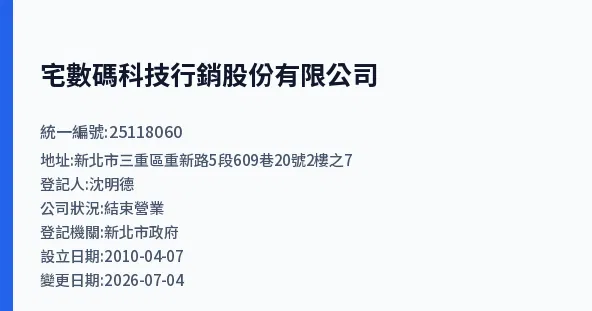 宅數碼科技行銷股份有限公司的照片-統編 25118060(新北市) 公司登記資料與營業項目詳細圖表