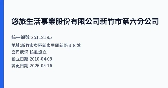 悠旅生活事業股份有限公司新竹市第六分公司的照片-統編 25118195(新竹市) 公司登記資料與營業項目詳細圖表