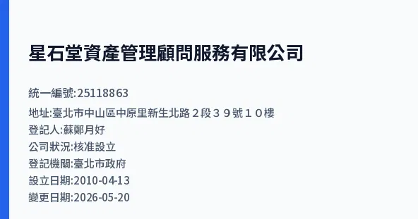 星石堂資產管理顧問服務有限公司的照片-統編 25118863(臺北市) 公司登記資料與營業項目詳細圖表