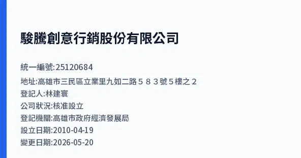 駿騰創意行銷股份有限公司的照片-統編 25120684(高雄市) 公司登記資料與營業項目詳細圖表