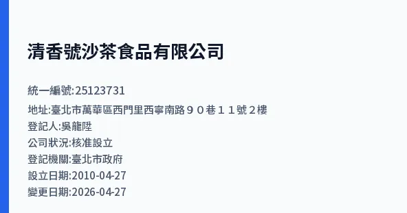 清香號沙茶食品有限公司的照片-統編 25123731(臺北市) 公司登記資料與營業項目詳細圖表