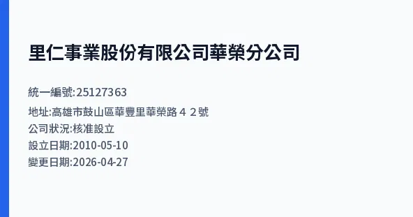 里仁事業股份有限公司華榮分公司的照片-統編 25127363(高雄市) 公司登記資料與營業項目詳細圖表