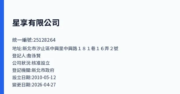 星享有限公司的照片-統編 25128264(新北市) 公司登記資料與營業項目詳細圖表
