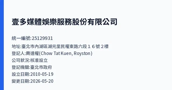 壹多媒體娛樂服務股份有限公司的照片-統編 25129931(臺北市) 公司登記資料與營業項目詳細圖表