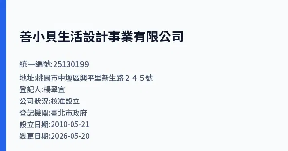善小貝生活設計事業有限公司的照片-統編 25130199(桃園市) 公司登記資料與營業項目詳細圖表