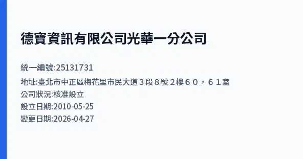 德寶資訊有限公司光華一分公司的照片-統編 25131731(臺北市) 公司登記資料與營業項目詳細圖表