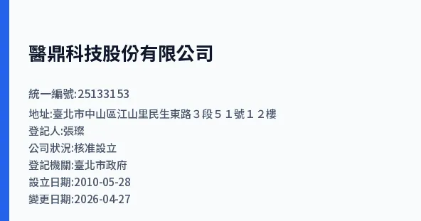醫鼎科技股份有限公司的照片-統編 25133153(臺北市) 公司登記資料與營業項目詳細圖表