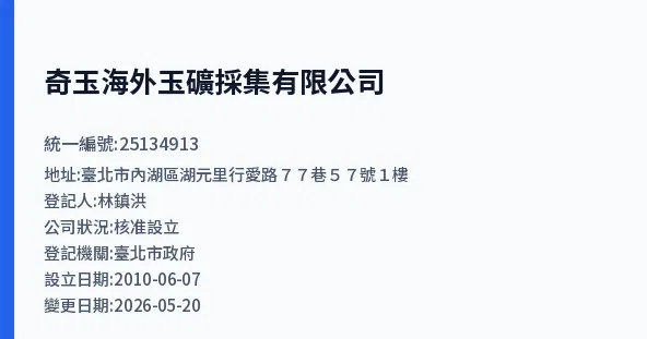 奇玉海外玉礦採集有限公司的照片-統編 25134913(臺北市) 公司登記資料與營業項目詳細圖表