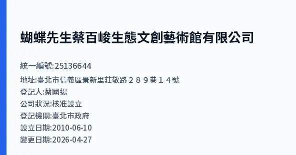 蝴蝶先生蔡百峻生態文創藝術館有限公司的照片-統編 25136644(臺北市) 公司登記資料與營業項目詳細圖表