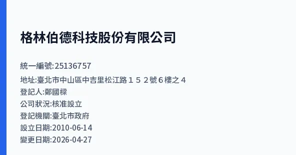 格林伯德科技股份有限公司的照片-統編 25136757(臺北市) 公司登記資料與營業項目詳細圖表