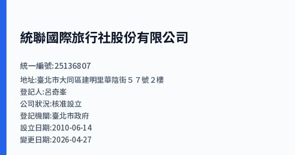統聯國際旅行社股份有限公司的照片-統編 25136807(臺北市) 公司登記資料與營業項目詳細圖表