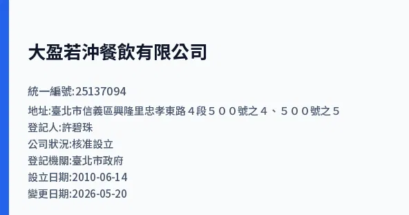 大盈若沖餐飲有限公司的照片-統編 25137094(臺北市) 公司登記資料與營業項目詳細圖表