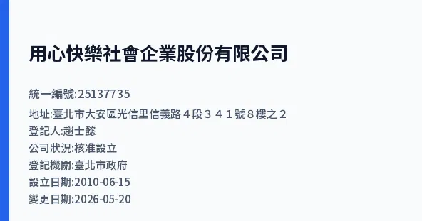 用心快樂社會企業股份有限公司的照片-統編 25137735(臺北市) 公司登記資料與營業項目詳細圖表