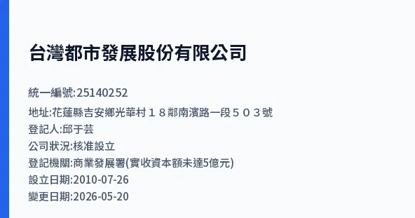台灣都市發展股份有限公司的照片-統編 25140252(花蓮縣) 公司登記資料與營業項目詳細圖表