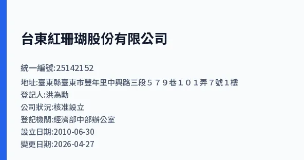 台東紅珊瑚股份有限公司的照片-統編 25142152(臺東縣) 公司登記資料與營業項目詳細圖表