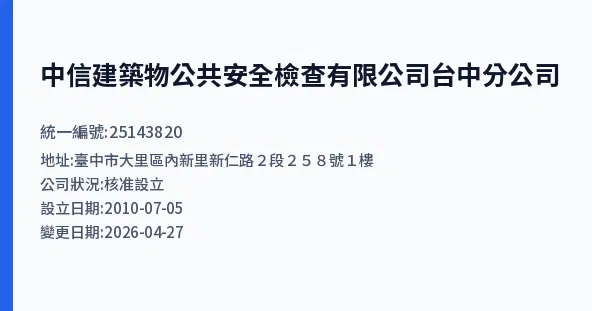 中信建築物公共安全檢查有限公司台中分公司的照片-統編 25143820(臺中市) 公司登記資料與營業項目詳細圖表
